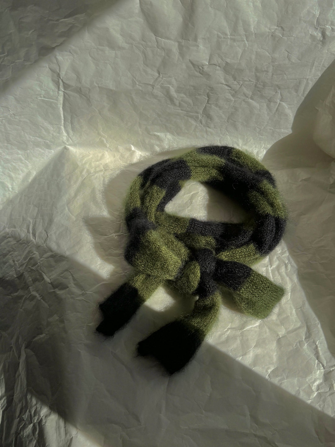 Skinny Fluffy Mohair Silk Scarf - Thin and Long - Black and Dark Green ...