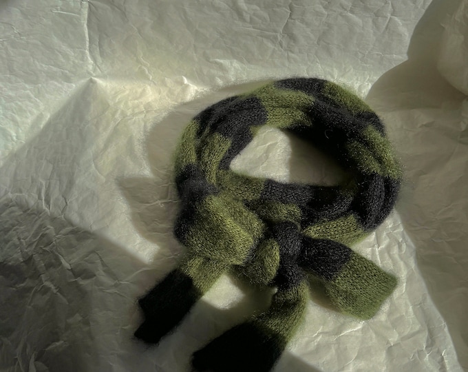 Skinny Fluffy Mohair Silk Scarf Thin and Long Black and Dark Green ...
