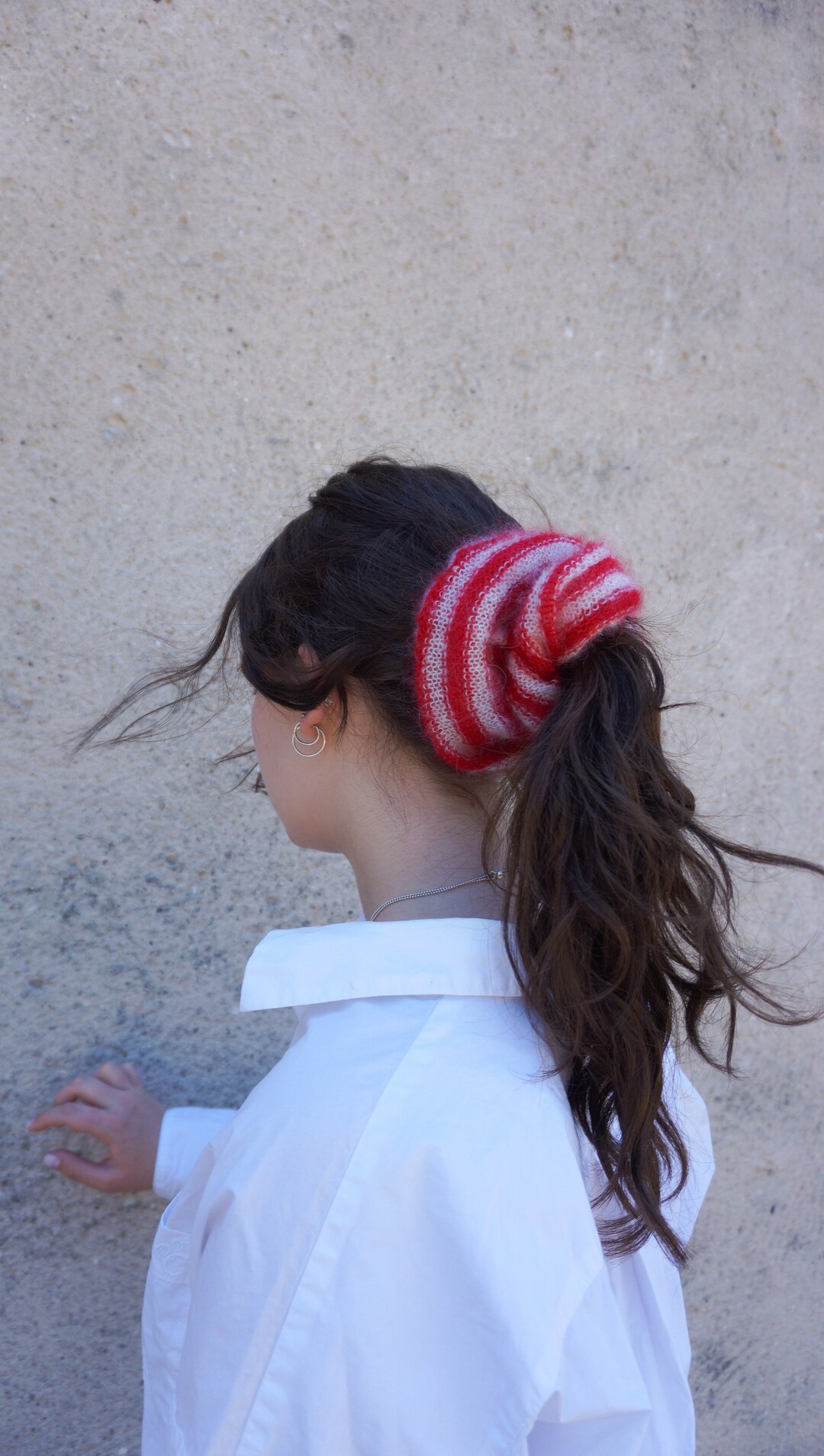 White Red Striped Mohair Scrunchie - Hair Accessory - Colourful ...