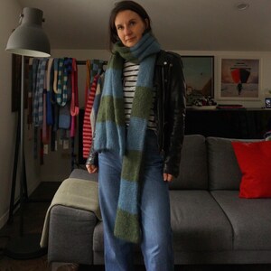 Big Long Mohair Silk Scarf - Blue Green Colour Stripes - Knitted Bulky ...