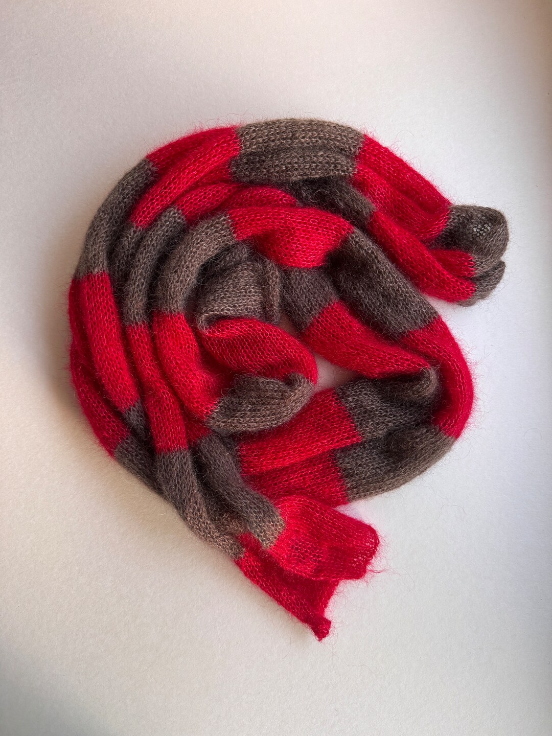 Skinny Fluffy Mohair Silk Scarf -natural Yarn - Thin and Long - Red ...