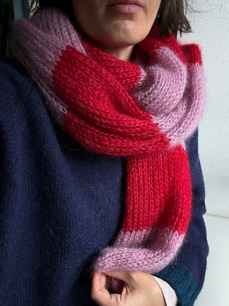 Pink Red Striped Mohair Silk Scarf Fluffy Soft Chunky Scarf Knitted ...
