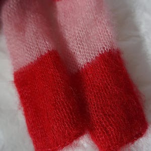 Skinny Fluffy Striped Mohair Silk Scarf - Red and Pale Pink - Thin and ...