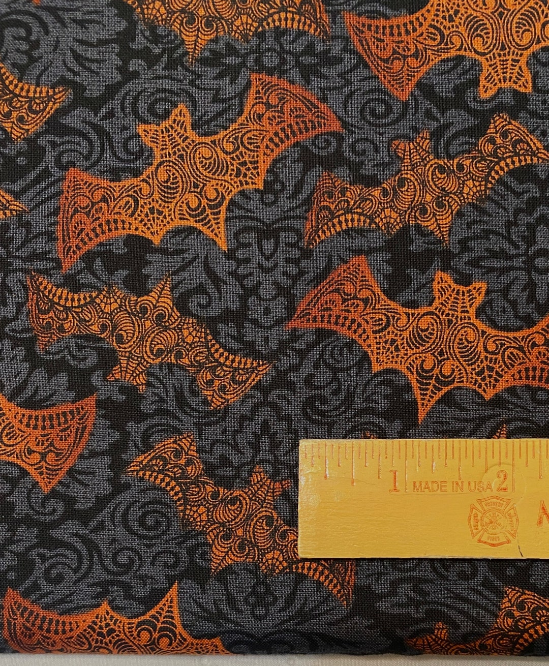 Halloween Novelty Fabric Features Lacy Bats on Black/gray BG, Four ...