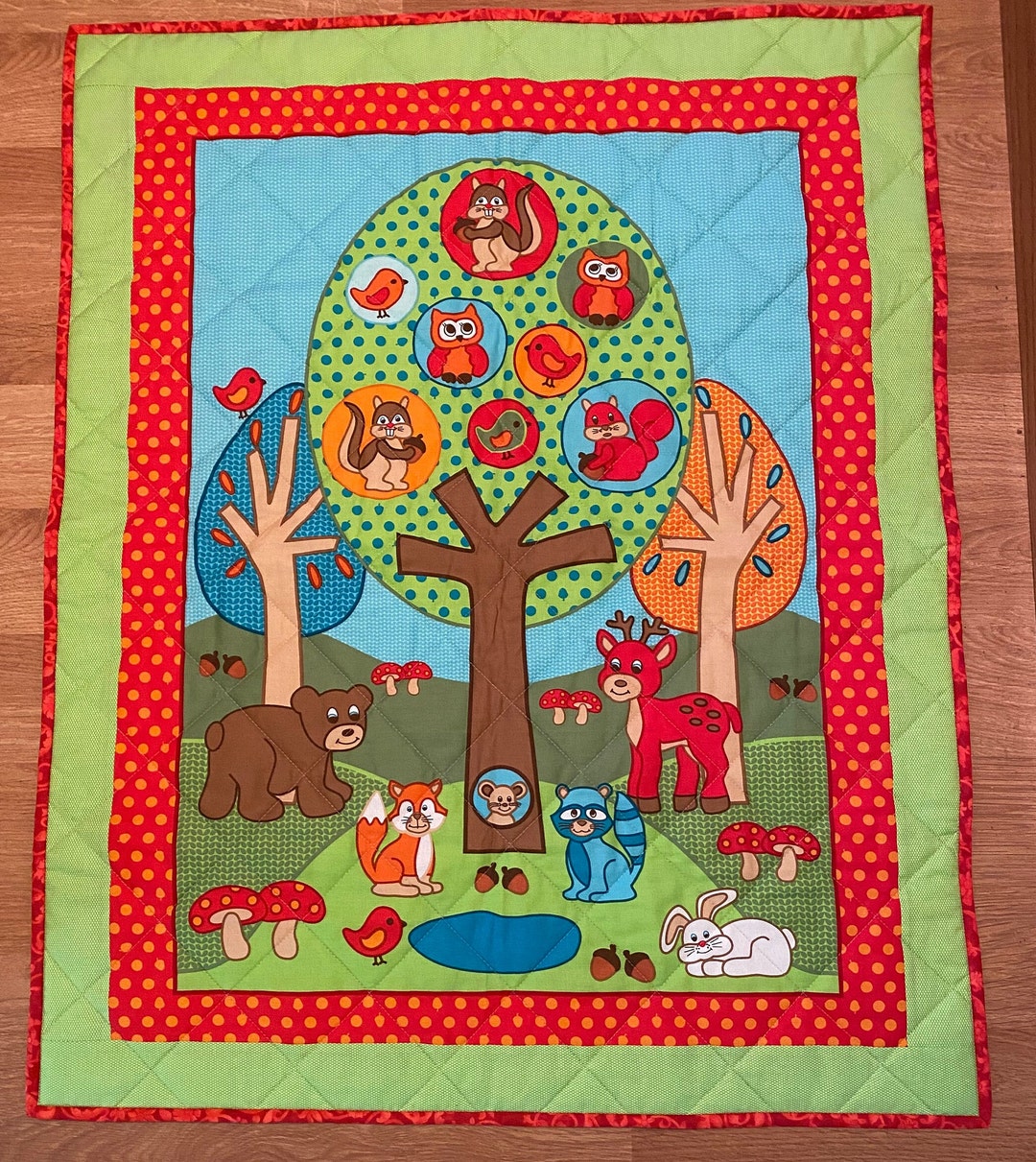 Colorful Tummy Time Baby Quilt Features Woodland Creatures, of Woven ...