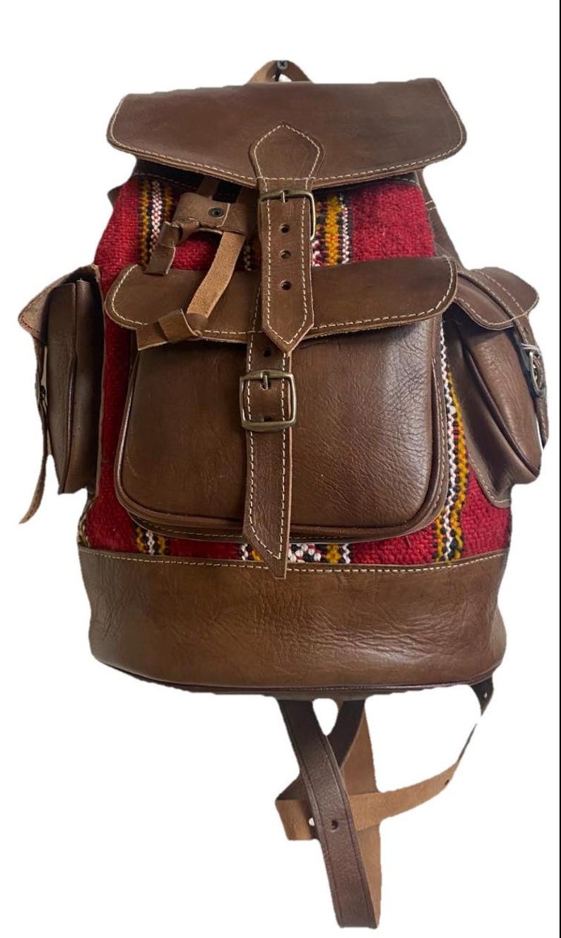 Moroccan Leather Backpack Habdmade in Fes City / Tannery /red Kilim Bag ...