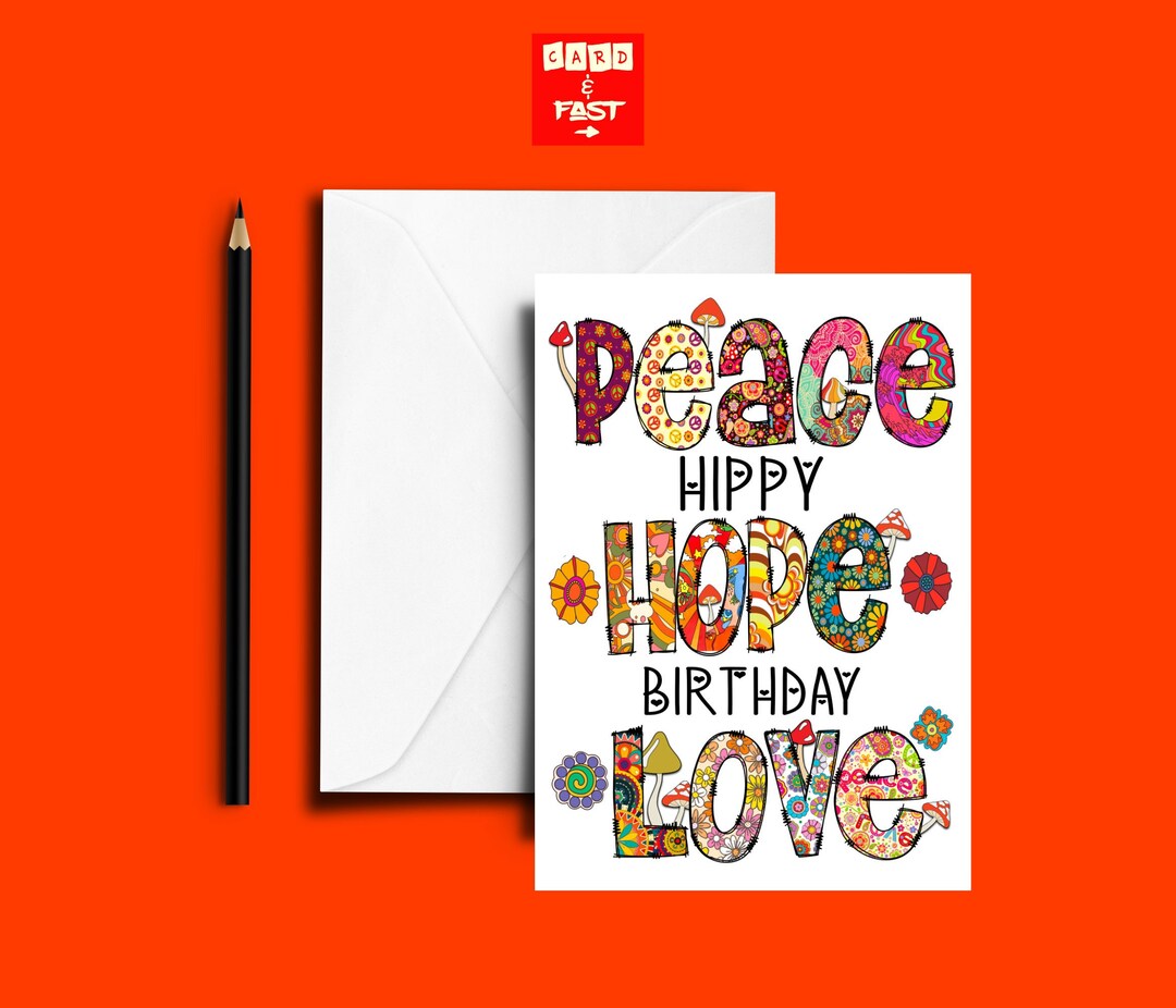 Printable Birthday Card, Hippy Birthday Card, Digital Card, Print at ...