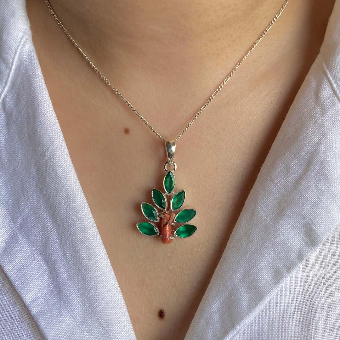 Red Coral Green Onyx Sterling Silver Pendant, Handmade Tree Shaped ...