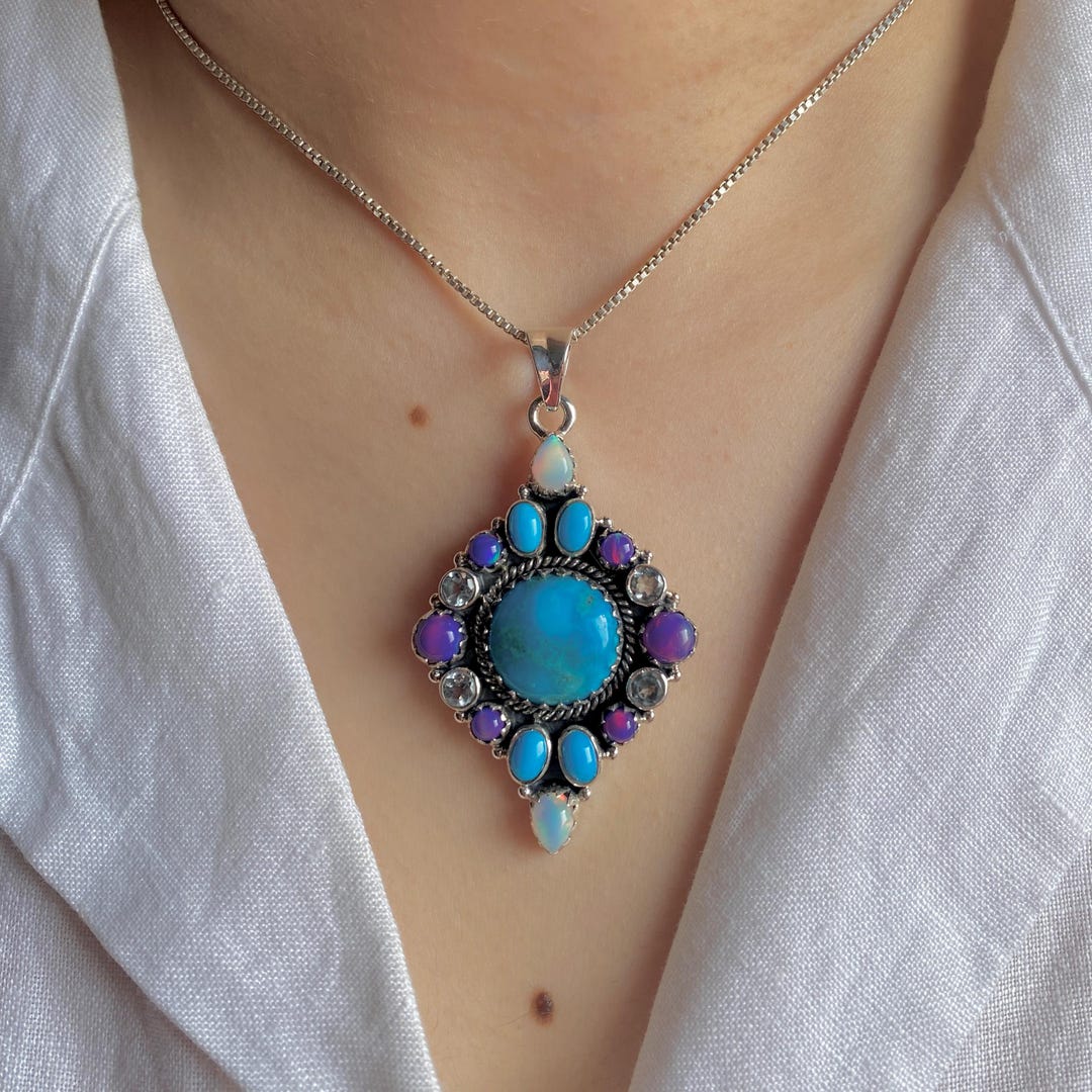 Turquoise, Aura Opal, Blue Topaz Flower Pendant / 925 Sterling Silver ...