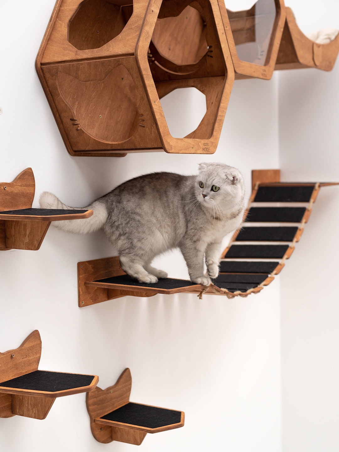 Cat Wall Furniture Set, Cat Wall House, Cat Hexagon Shelves, Black Cat ...