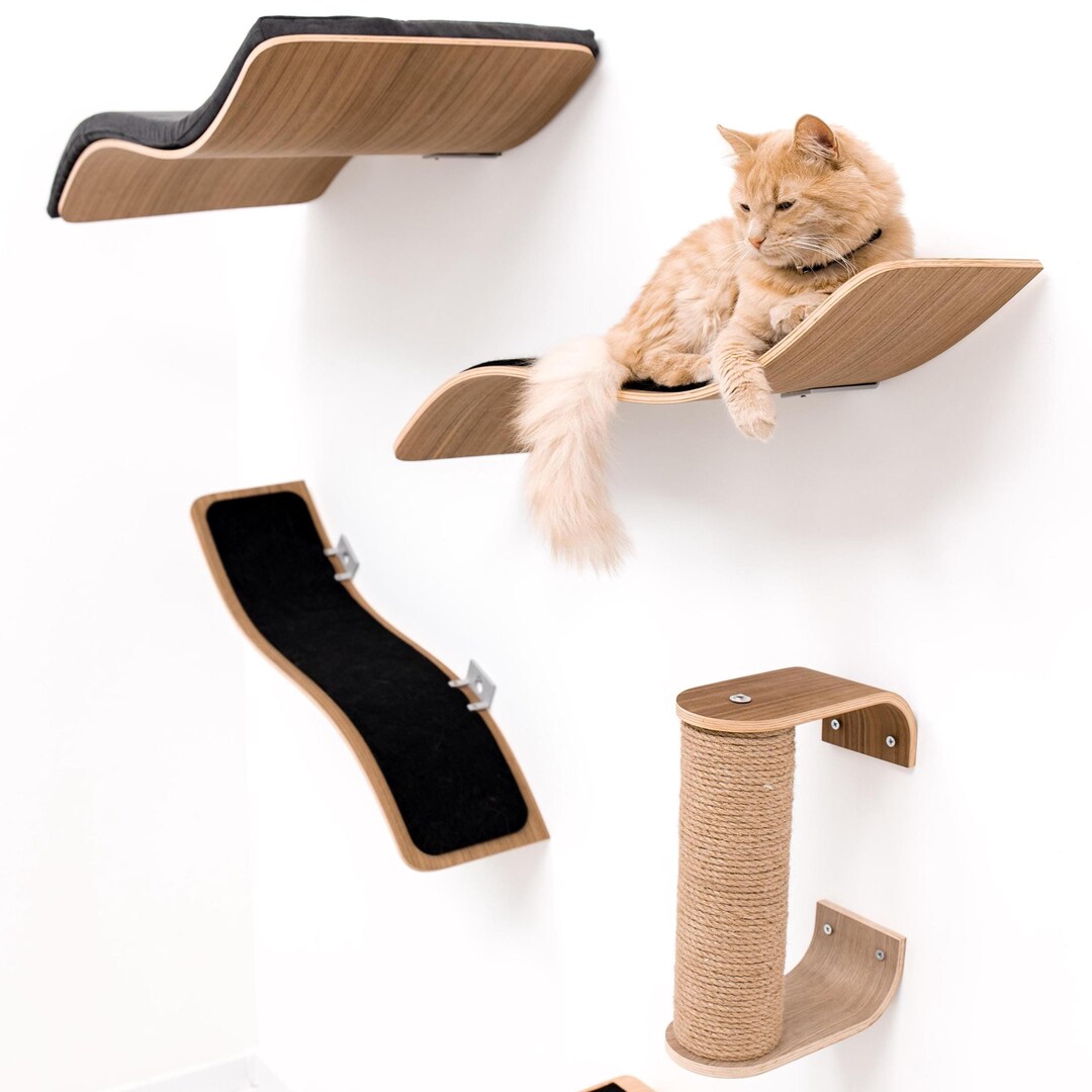 Handmade Cat Wall Shelves, Curved Cat Furniture Decor, Wooden Cat Tree ...