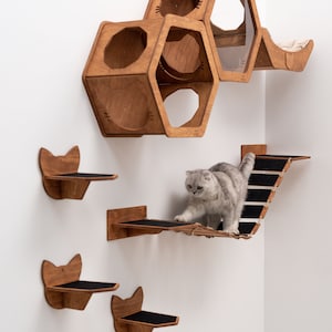 Wooden Cat Steps Set, Cat Wall Furniture Modern, Wall Mount Cat Stairs ...