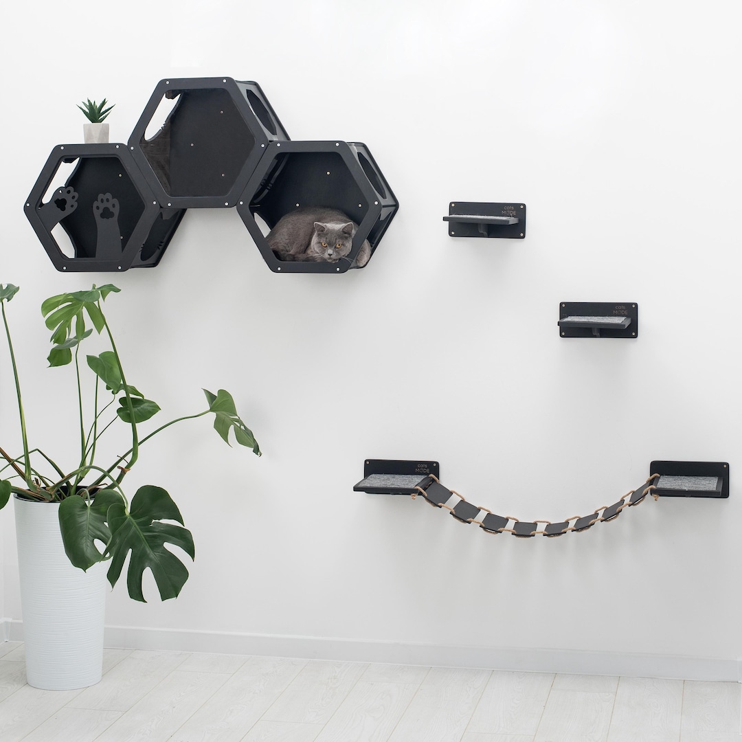 Wood Cat Wall Furniture Set, Wall Cat Playground Set, Modern Cat ...