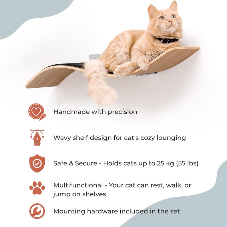 Handmade Cat Wall Shelves, Curved Cat Furniture Decor, Wooden Cat Tree ...