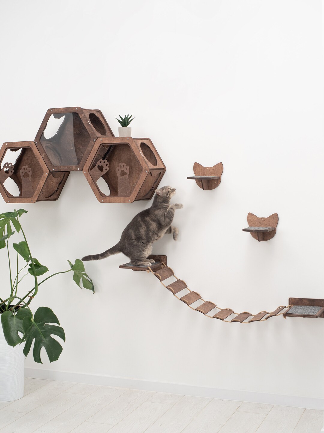 Cat Wall Furniture Set, Cat Wall House, Cat Hexagon Shelves, Black Cat ...