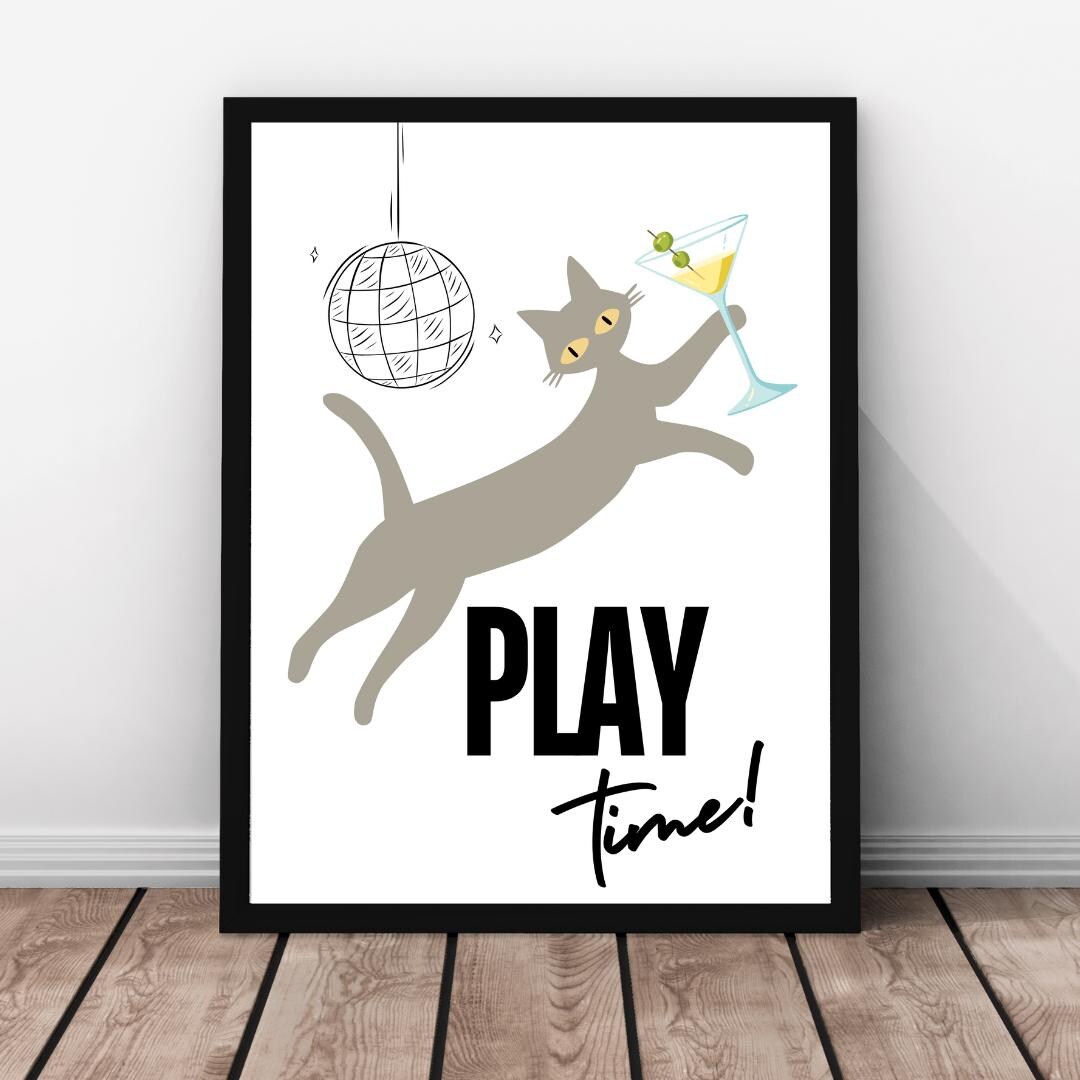 Play Time Cat Poster, Cat Printable, Funny Cat Digital Wall Art Print ...