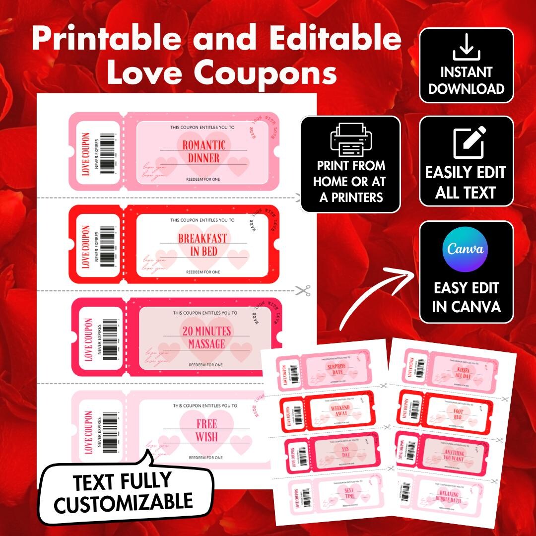 Editable Love Coupons: Printable Gift (canva Template) - Etsy