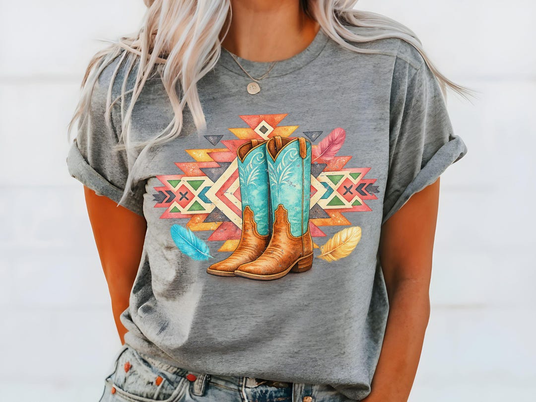 Boho Retro Cowboy Boots Shirt, Western Graphic Tee, Distressed Cowgirl ...
