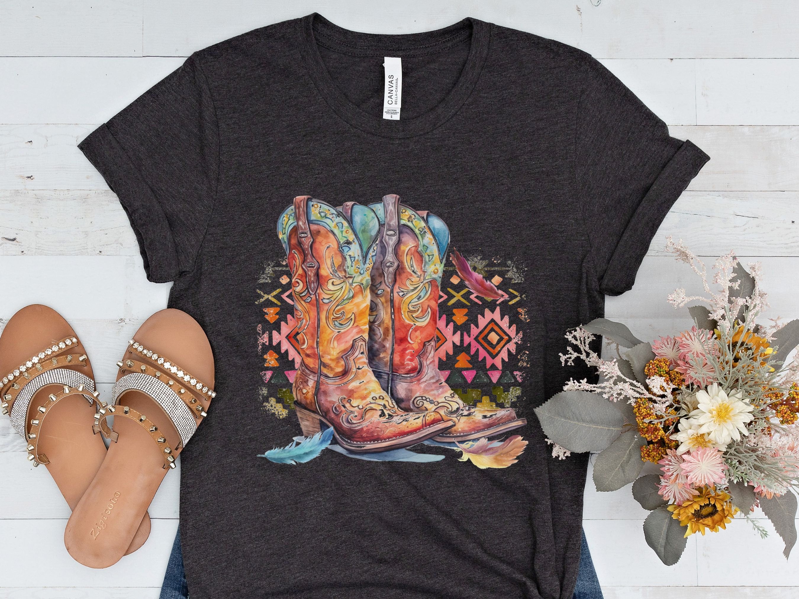 Boho Retro Cowboy Boot Tribal T Shirt for Cowgirl Gift for Friend ...