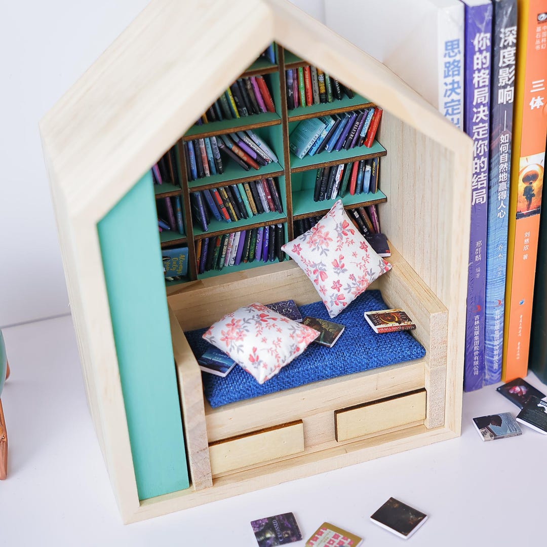 Handmade Wooden Anxiety Bookshelf With Mini Books Miniature Bookcase ...