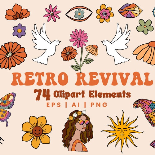 Retro Graphic Clipart Set 70s Groovy Retro Flowers Quotes PNG - Etsy