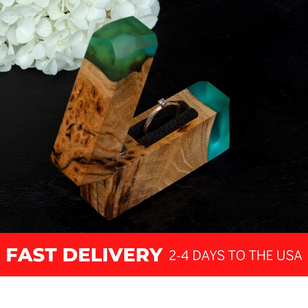 Modern Engagement Ring Box. Aqua Blue Resin and Elm Wood Proposal Ring ...