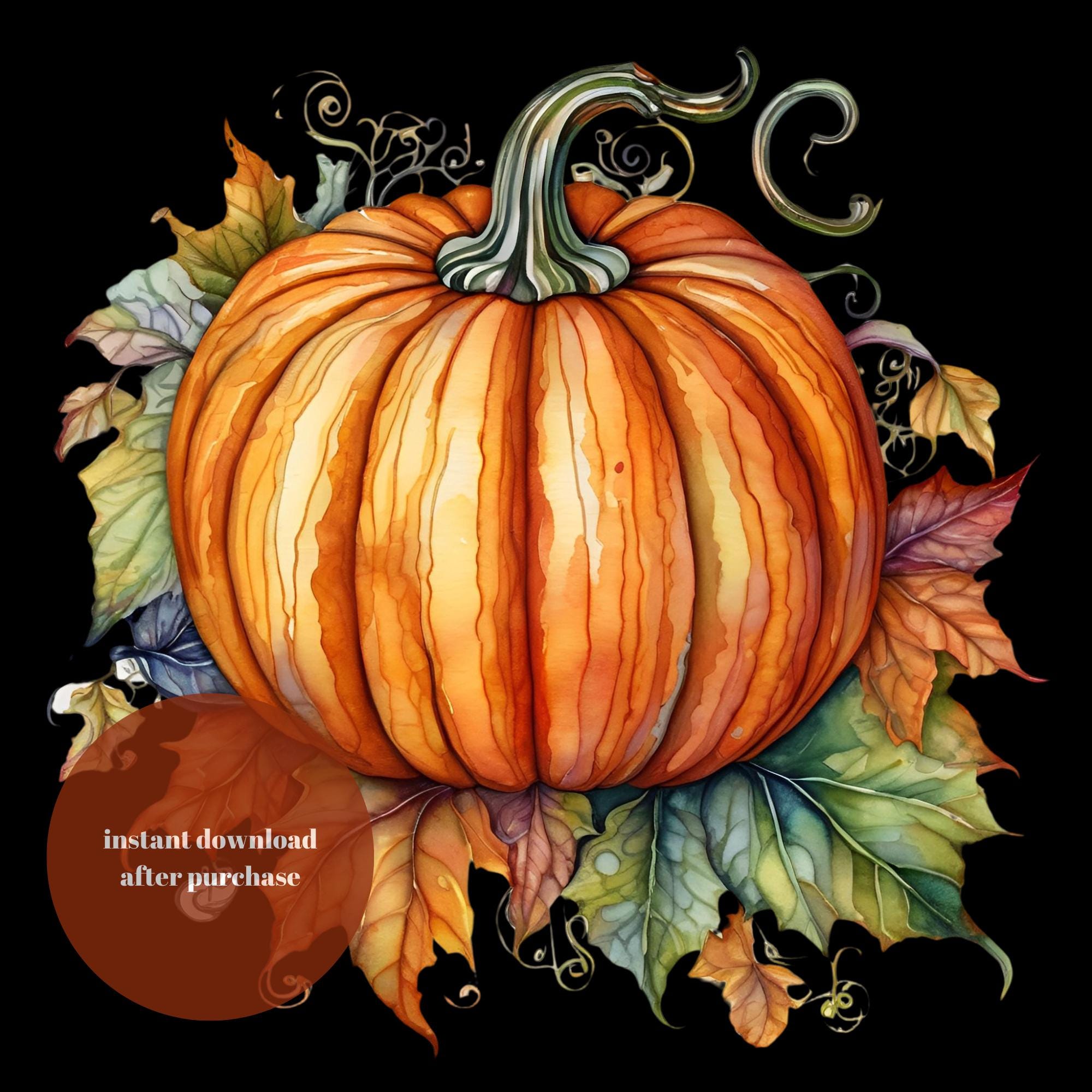 Autumn Pumpkin Watercolor Clipart Set Instant Download 3 Fall Harvest ...