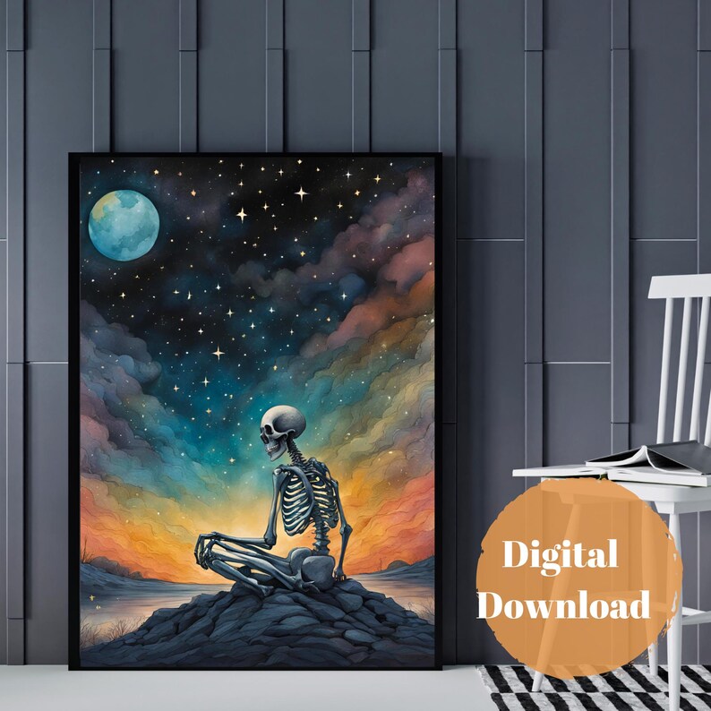 Skeleton Solitude Starry Night Rainbow Galaxy Art Print Instant Dl ...