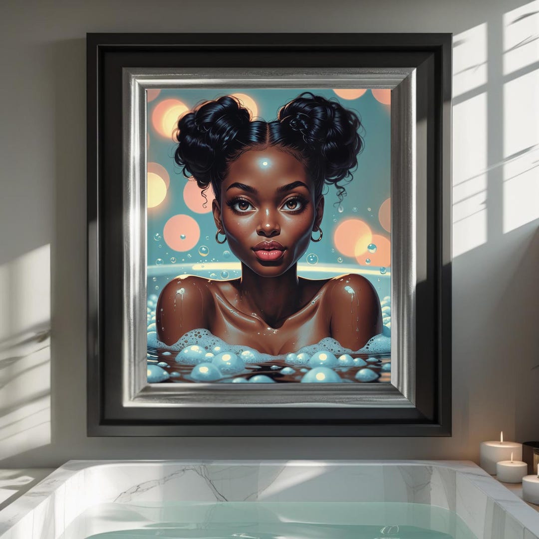 Black Woman Bubble Bath Art Print: Modern Spa Wall Decor (digital ...