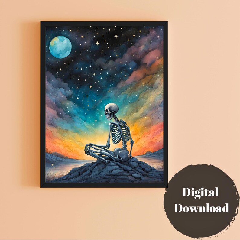 Skeleton Solitude Starry Night Rainbow Galaxy Art Print Instant Dl ...