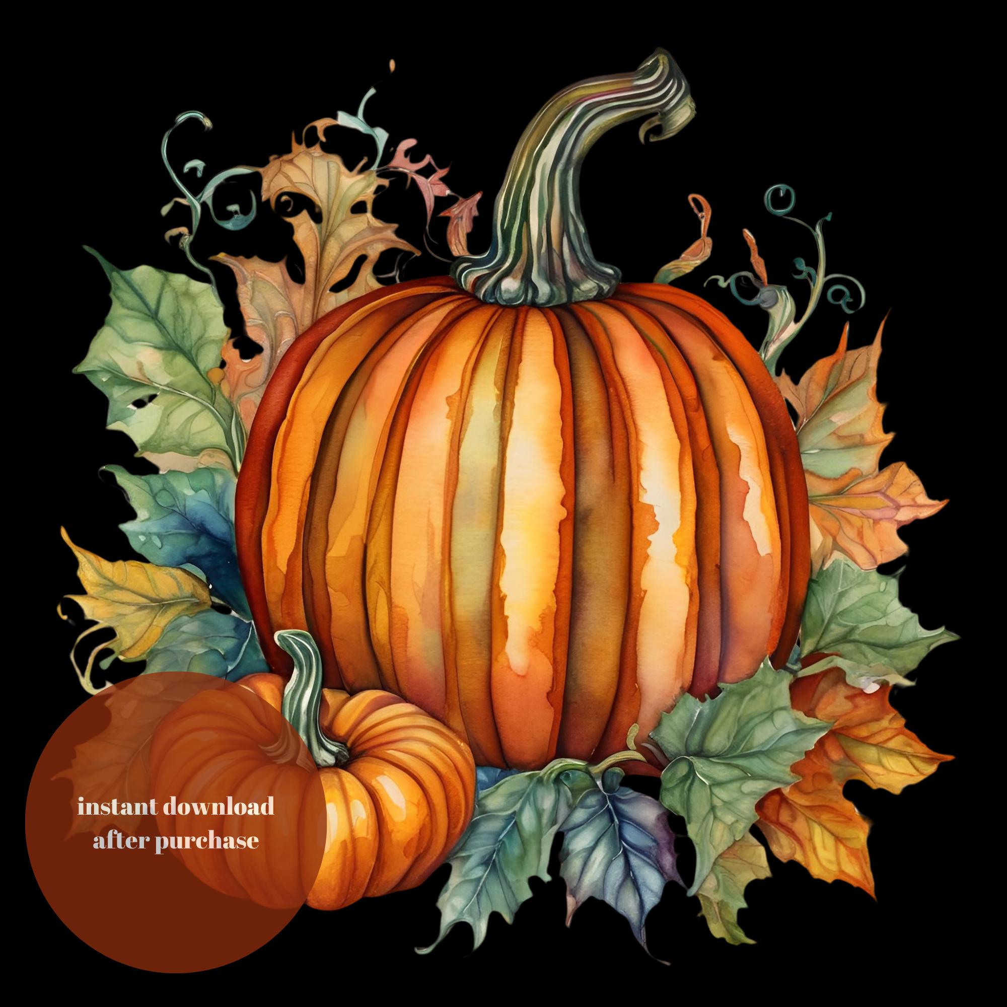 Autumn Pumpkin Watercolor Clipart Set Instant Download 3 Fall Harvest ...