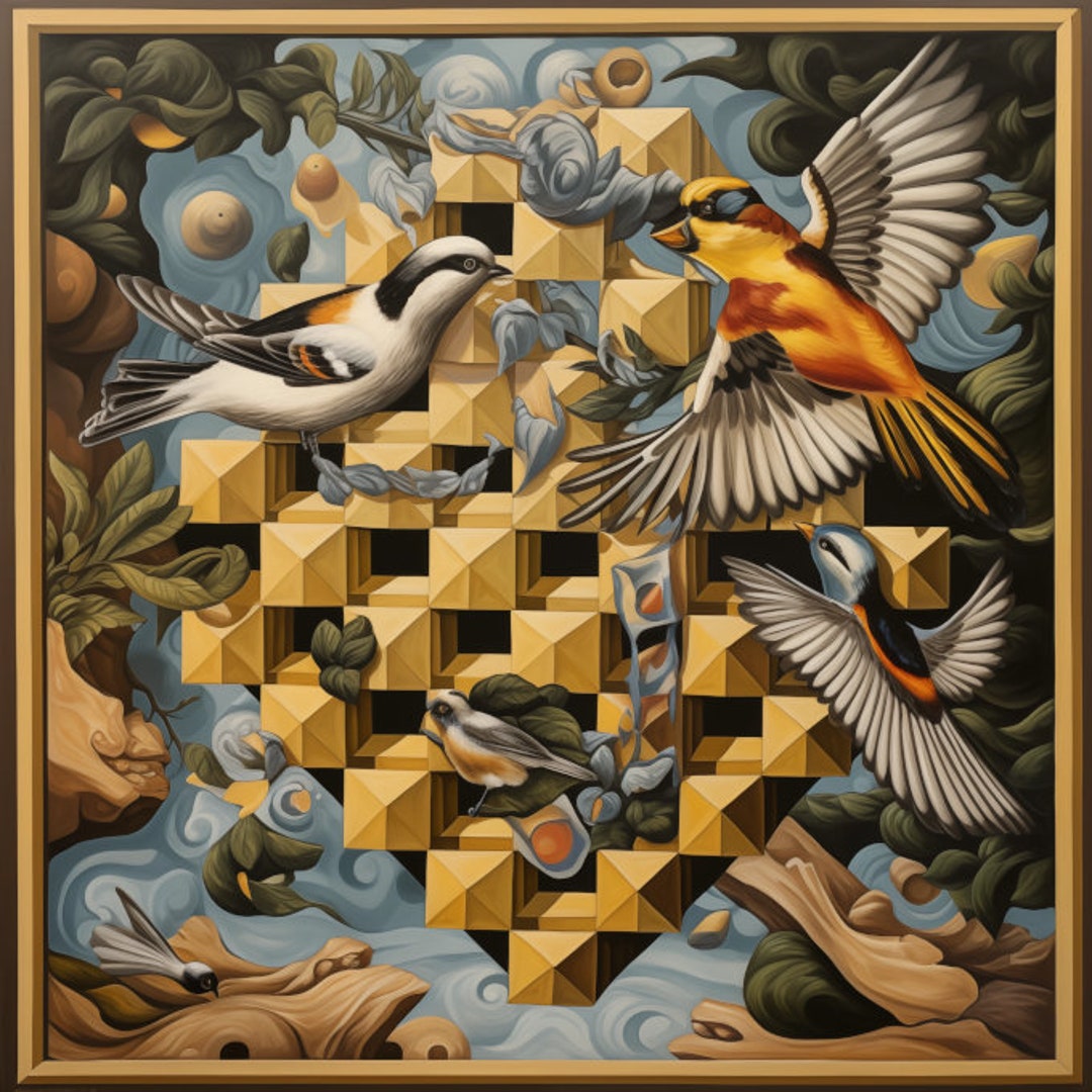 Colorful Birds Painting in the Style of Escher With Blues and Golds, AI ...