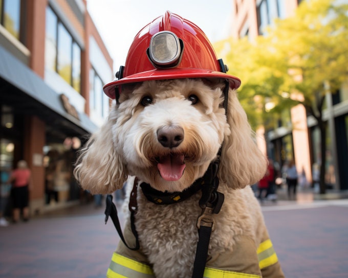 Golden Doodle in a Fireman's Hat and Gear, Ready for Action. AI ...