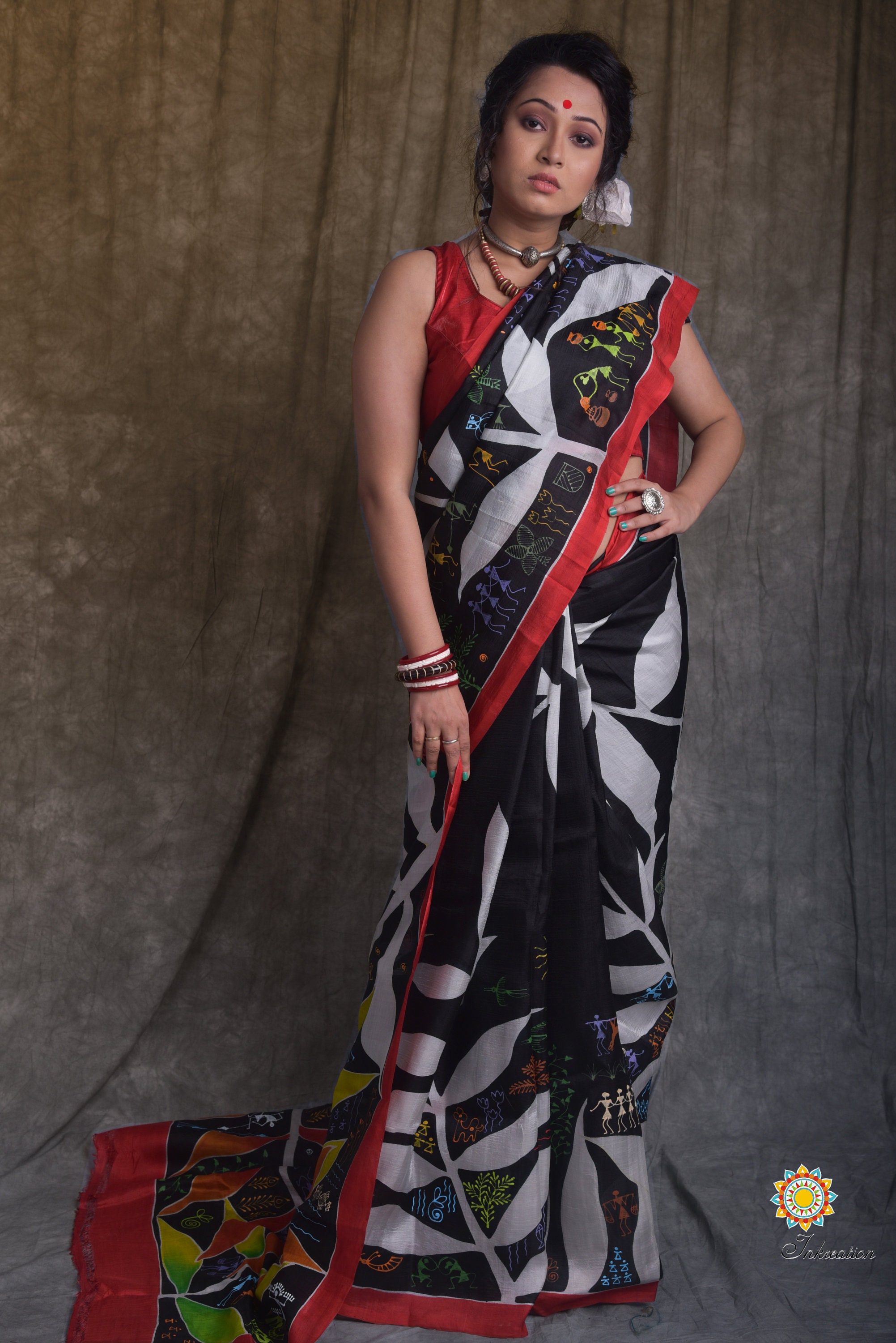 Exclusive Hand Acid Paint Sari and Worli Painted With Blouse Piece ...