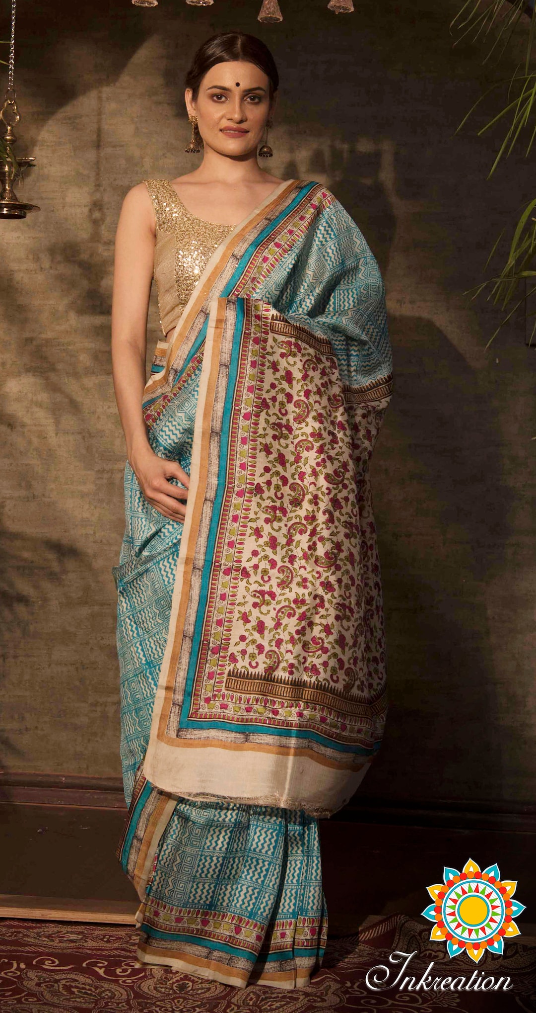Hand Block Printed Pure Silk Sari Exclusive Design With - Etsy