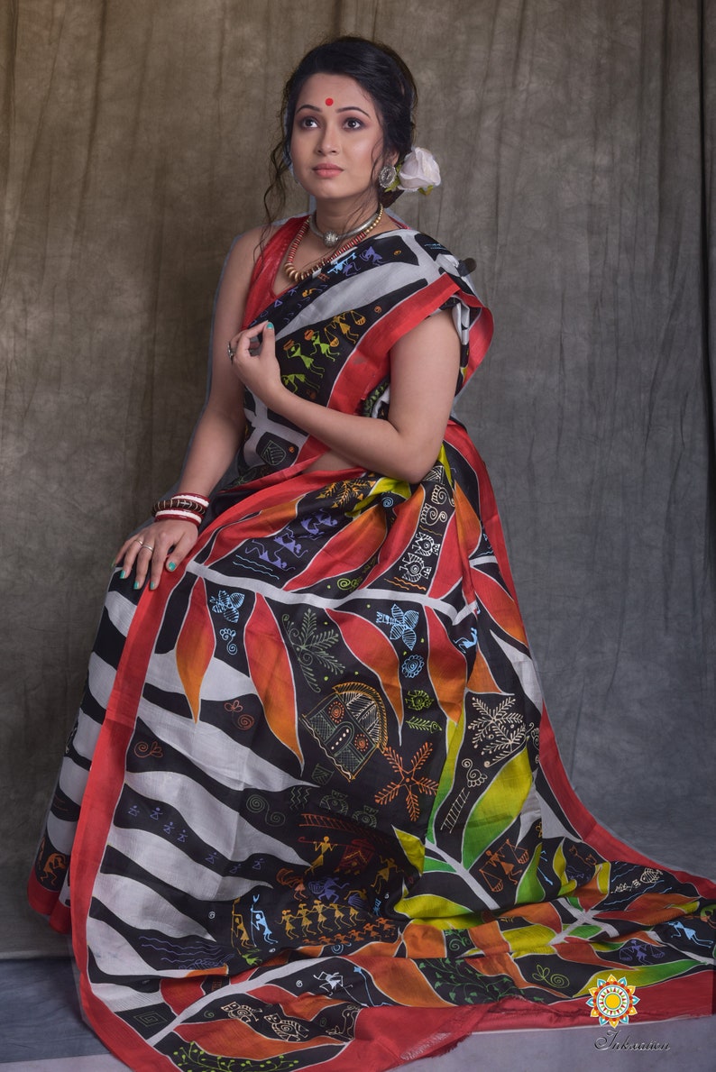 Exclusive Hand Acid Paint Sari and Worli Painted With Blouse Piece ...