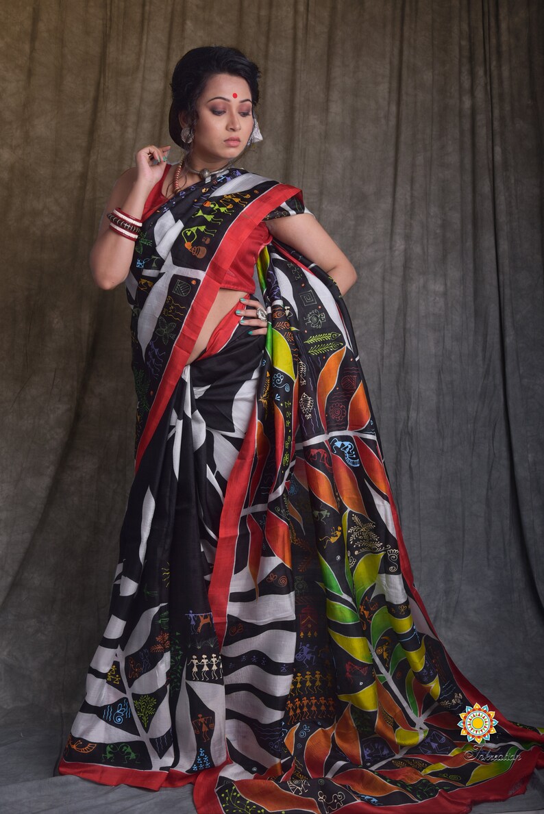 Exclusive Hand Acid Paint Sari and Worli Painted With Blouse Piece ...