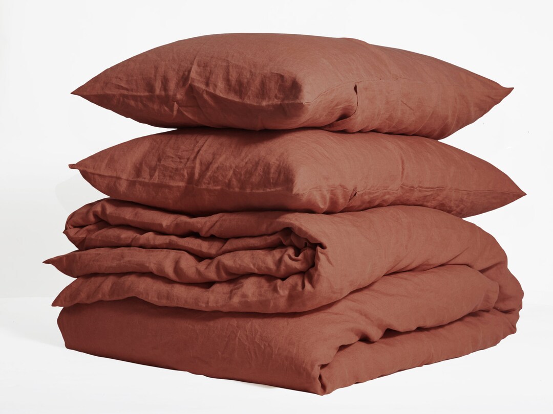 100% Linen Bed Set Includes Duvet Cover Pillowcases Queen Size Clay ...