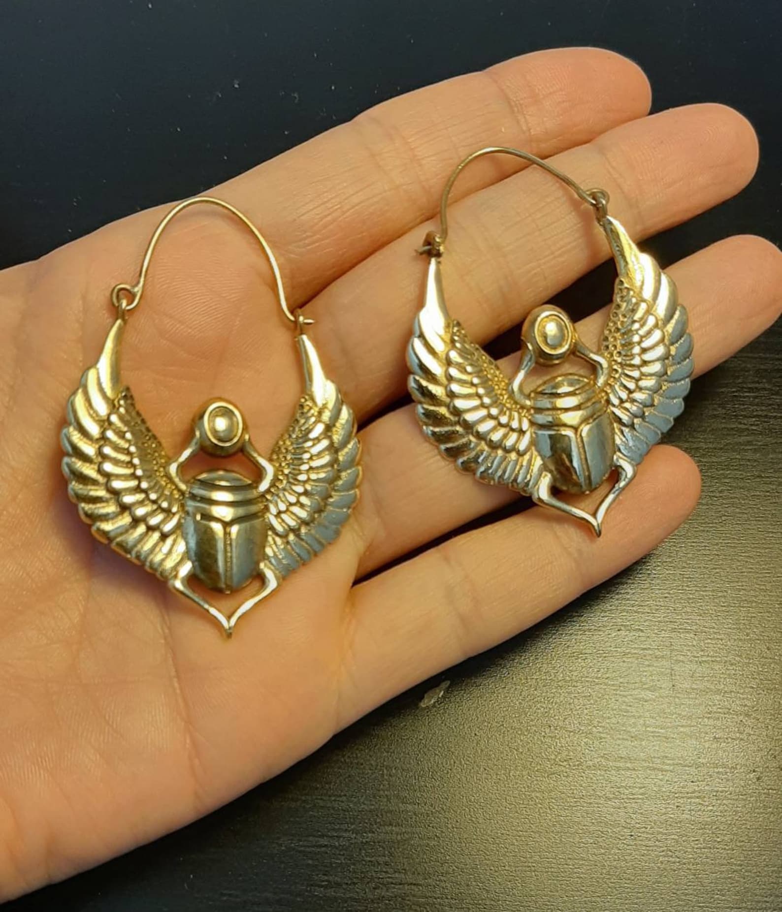 Brass Scarab Earrings Sacred Scarab Beetle Large Hoops - Etsy