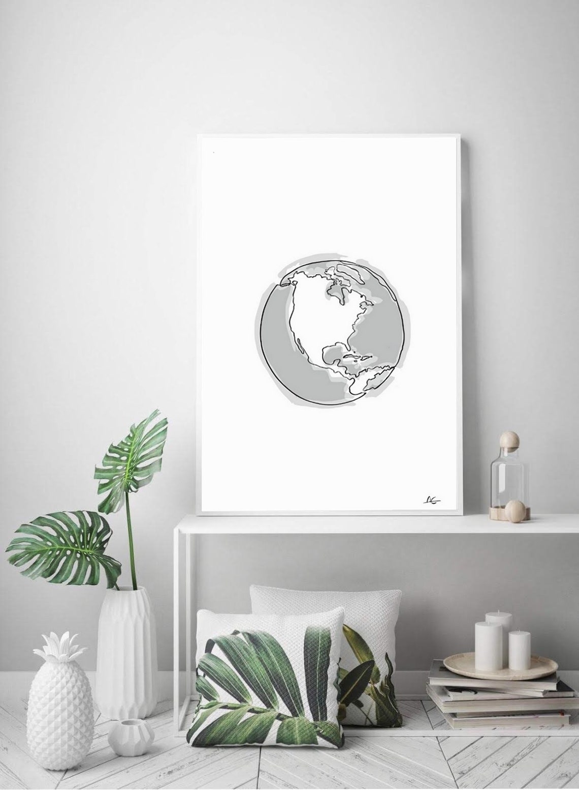 Earth Globe Minimalist Art Print/ Modern Planet Drawing/ | Etsy