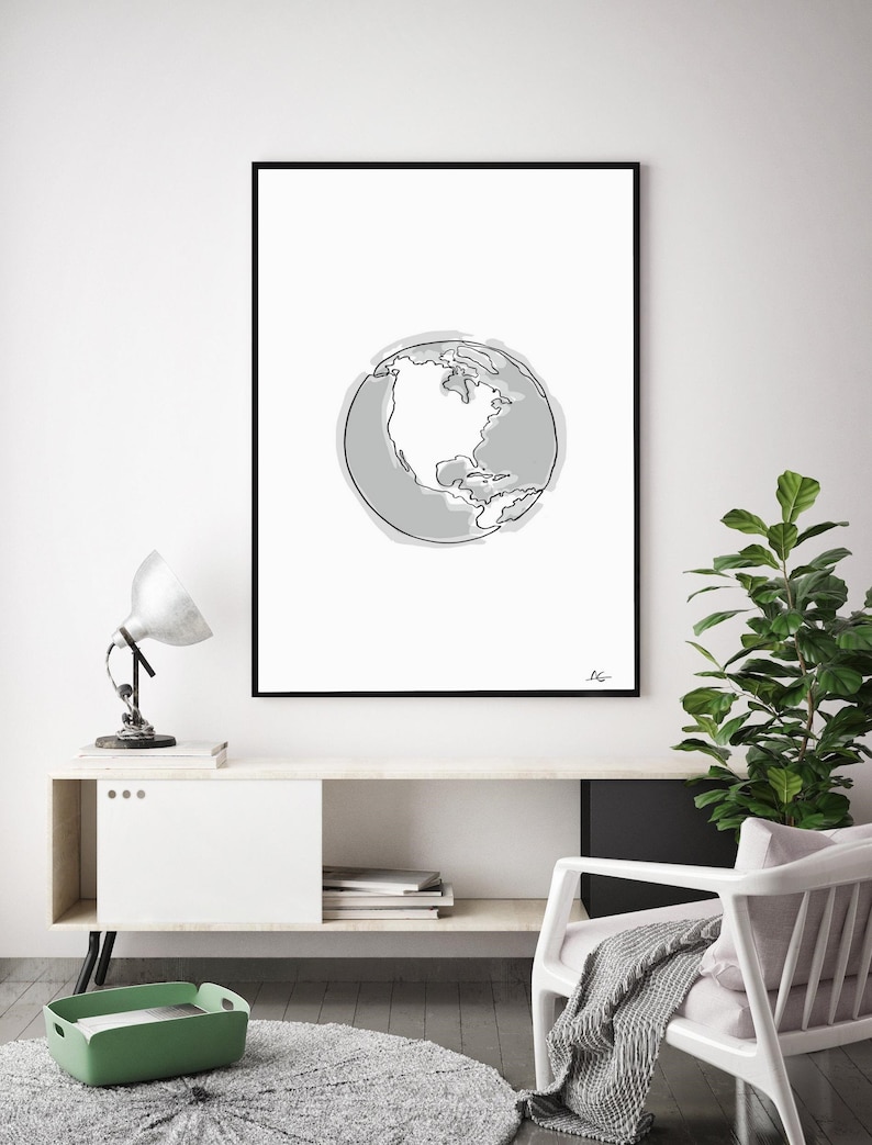Earth Globe Minimalist Art Print/ Modern Planet Drawing/ | Etsy