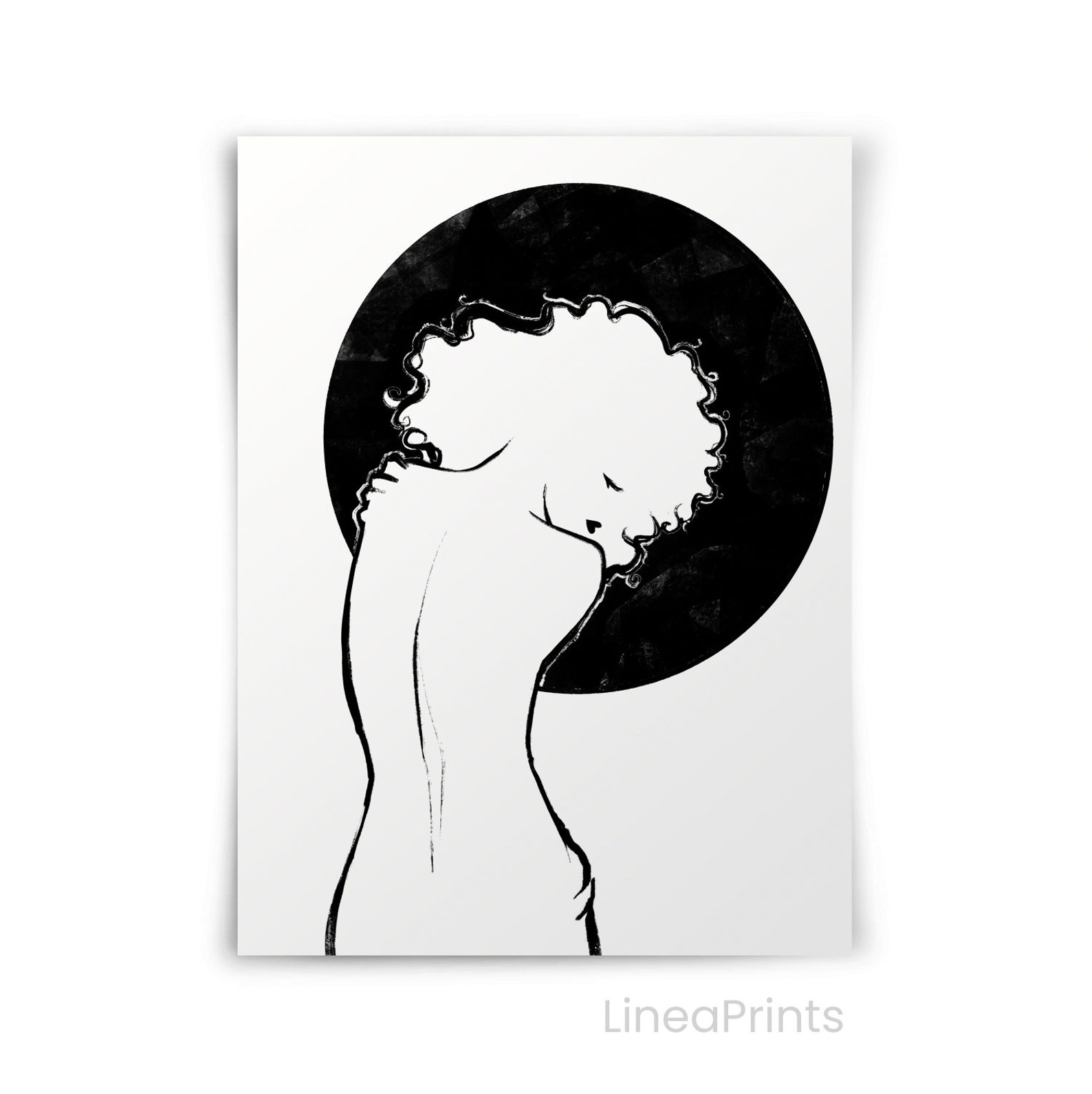 Nude Woman Line Drawing Printable Wall Art Curly Hair Art Etsy