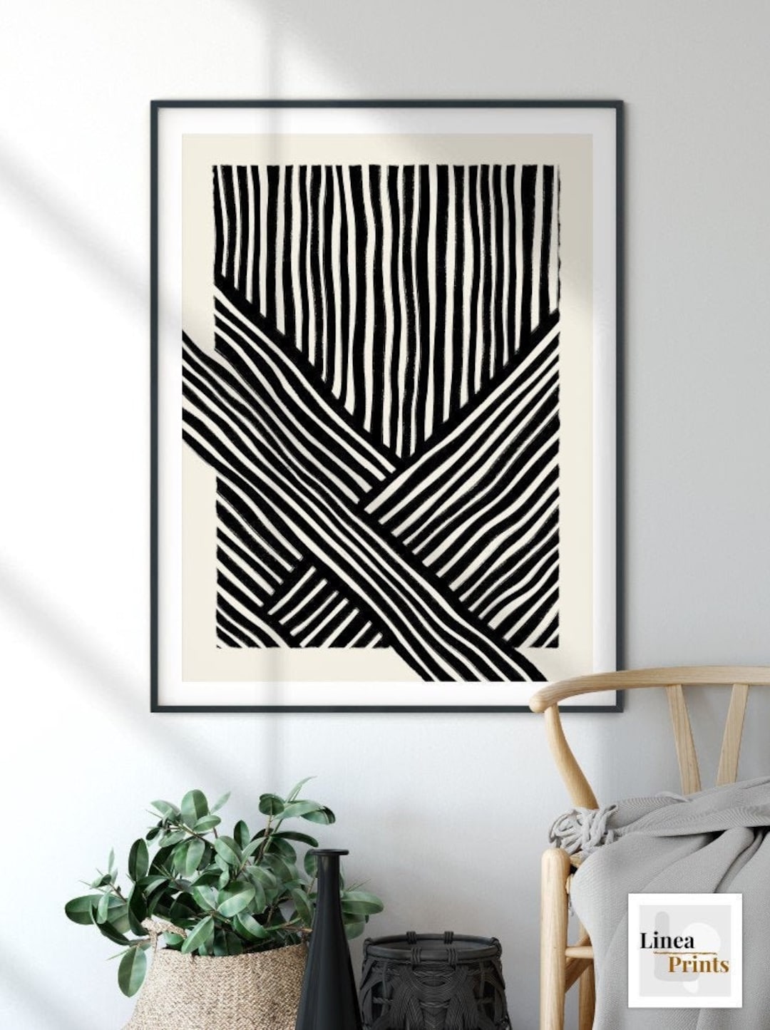 Black Vertical Horizontal Line Art, Printable Wall Art, Woodblock Print ...