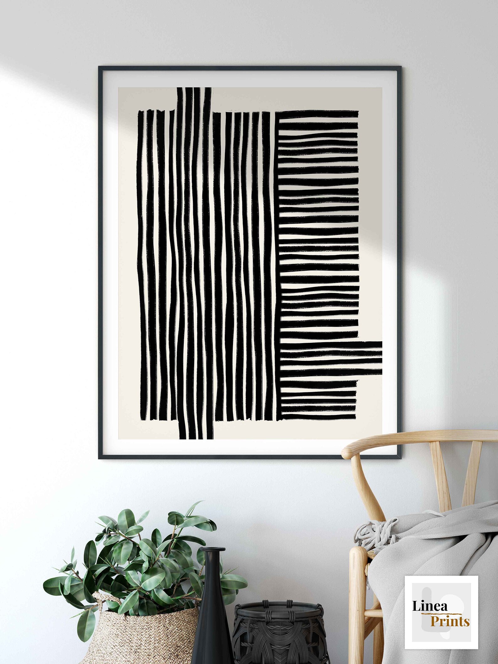 Black Vertical Horizontal Line Art, Printable Wall Art, Woodblock Print ...