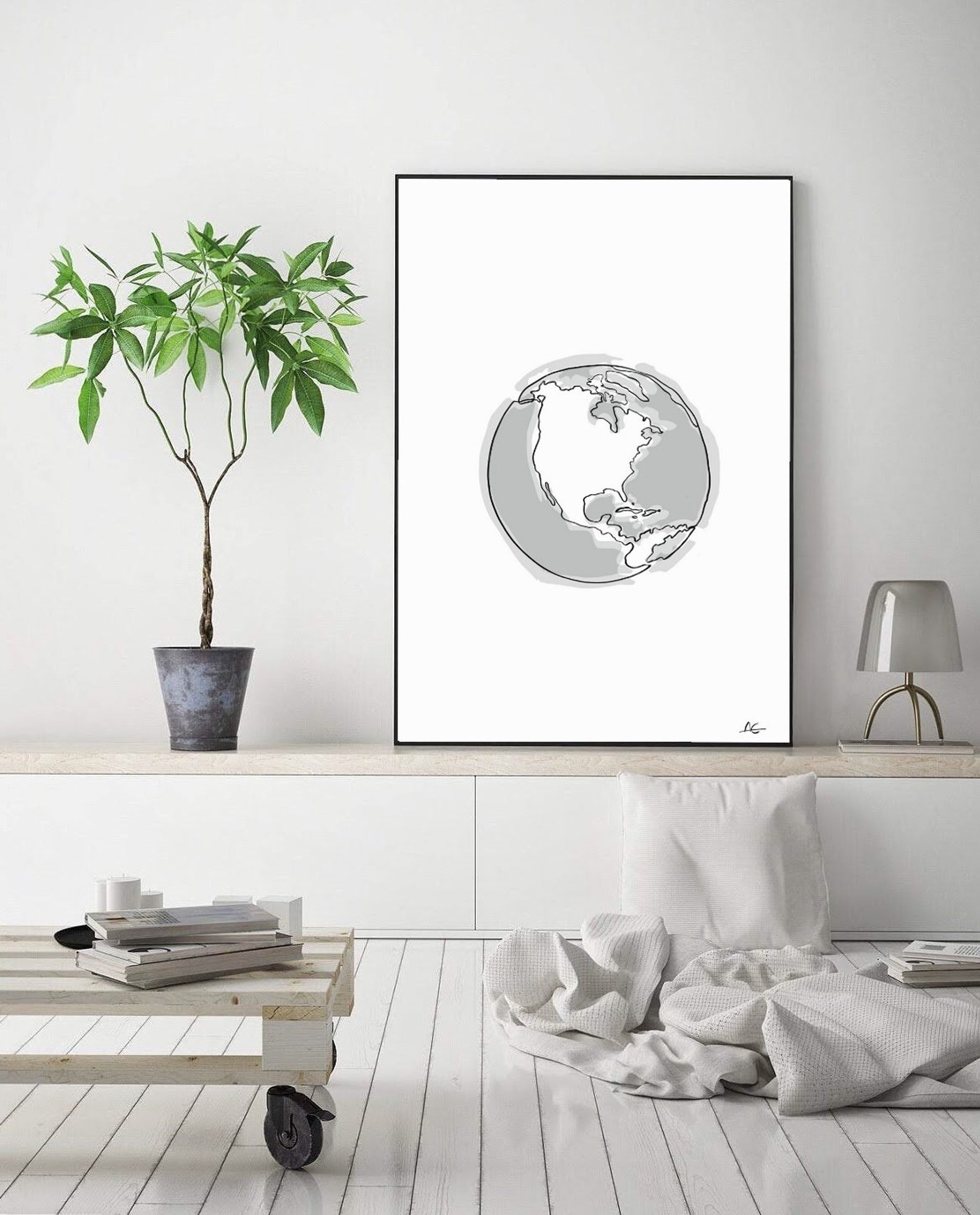 Earth Globe Minimalist Art Print/ Modern Planet Drawing/ | Etsy