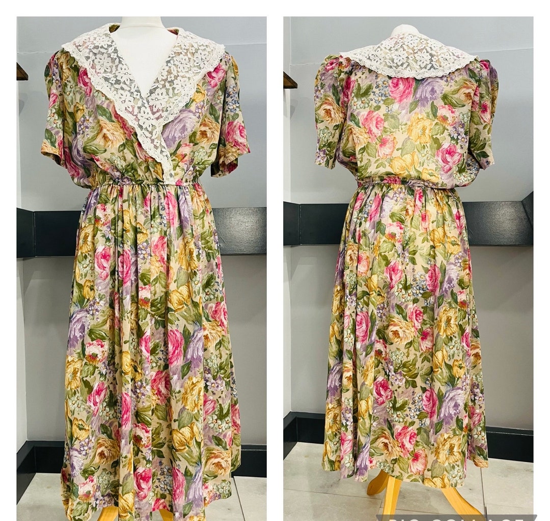 Vintage Dress- 1980s - Floral Print- Lace Effect Collar - Size 16- Maxi ...