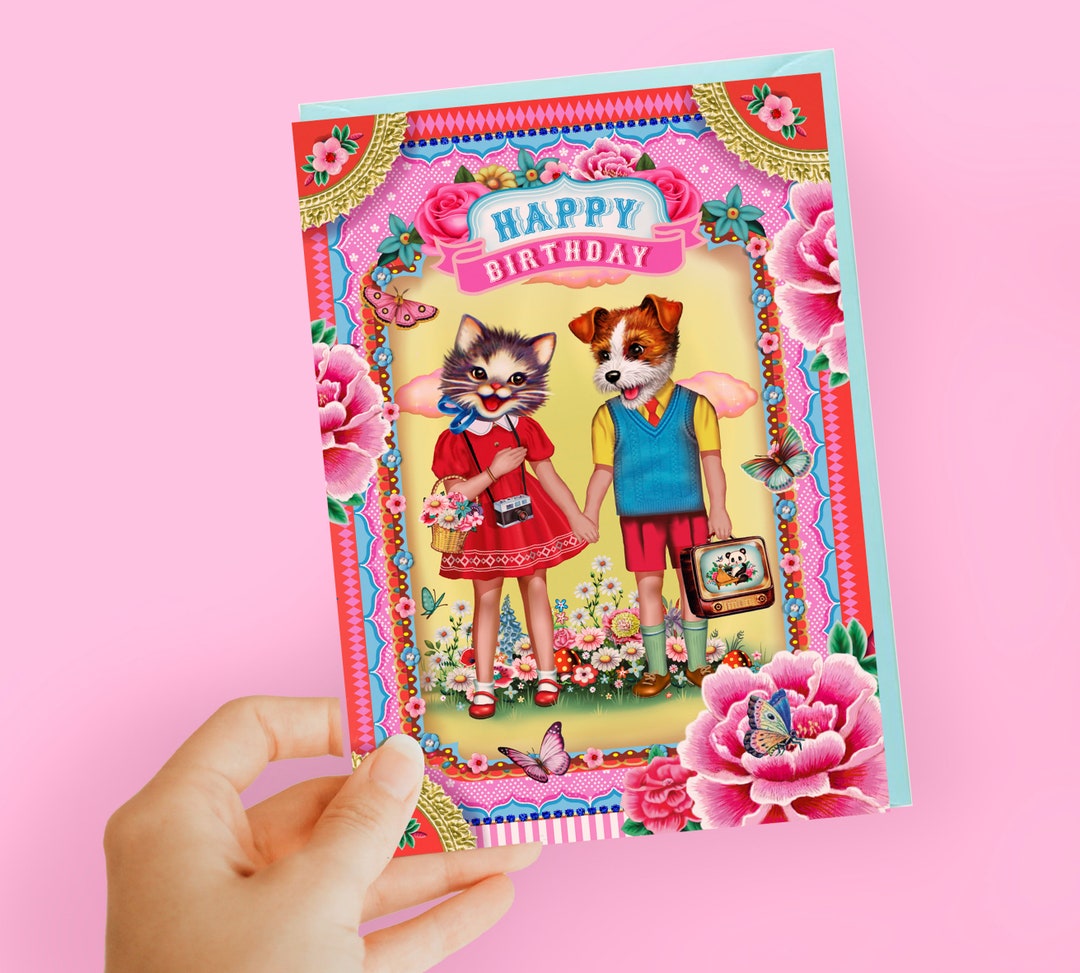 Cat and Dog Birthday Card, Cute Cat Birthday Card, Cats and Dogs ...