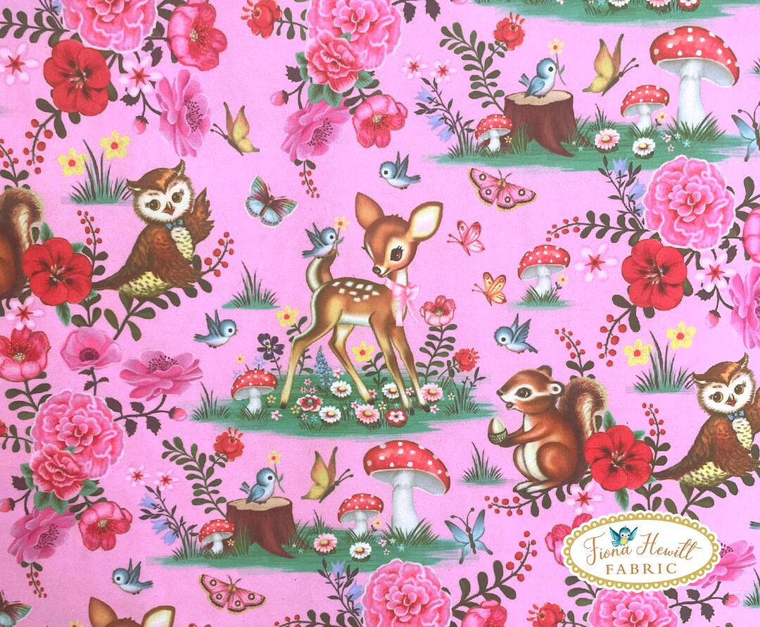 Fiona Hewitt Vintage Bambi Fabric: Pink Forest Friends (0.5M) - Etsy UK