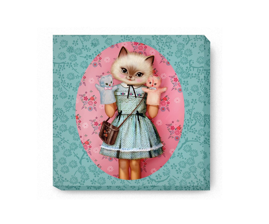 Kitty With Puppets 20cmx20cm Canvas, Vintage Kitten Kitsch, Cute Cat ...