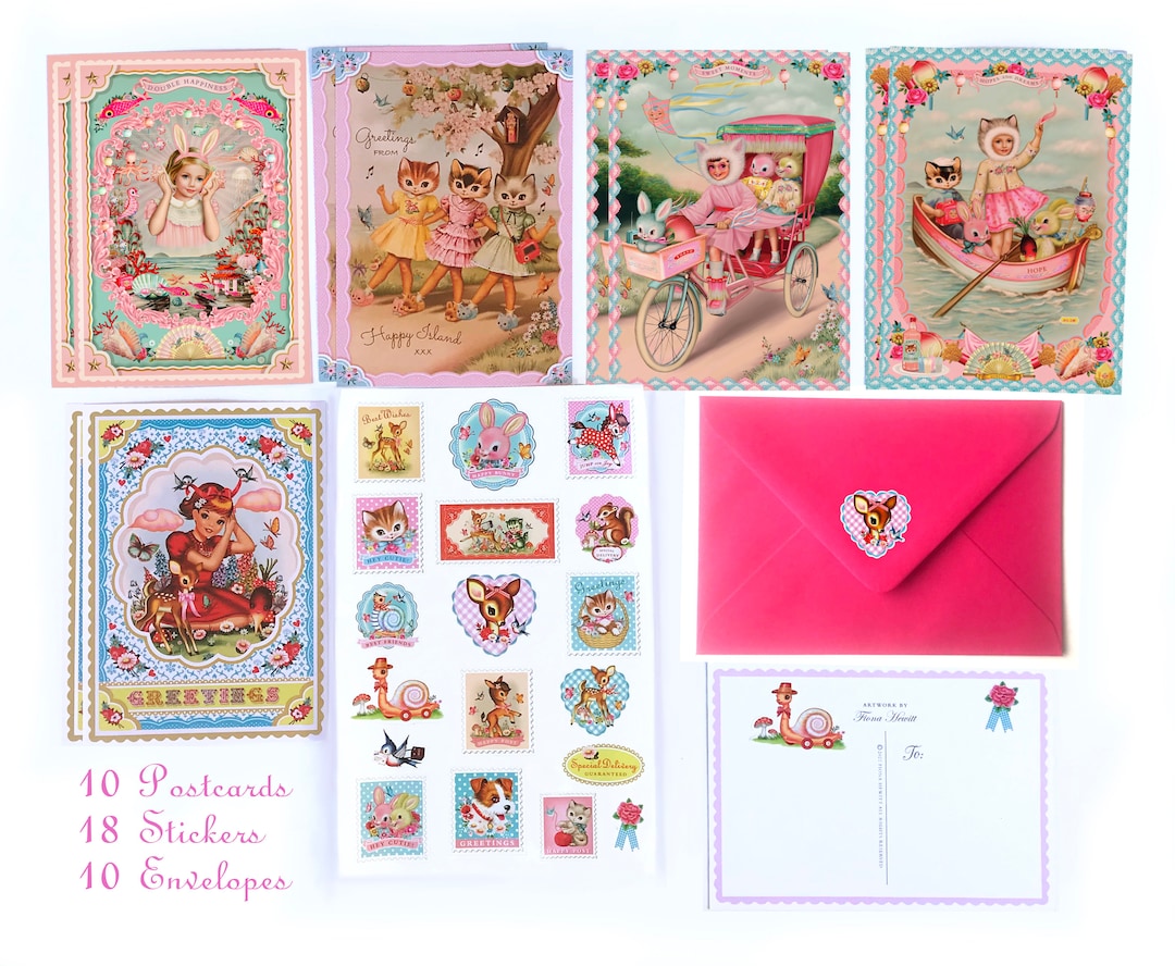 22 Piece Postcard Sticker Set, 10 Postcards With 18 Stickers and 10 ...